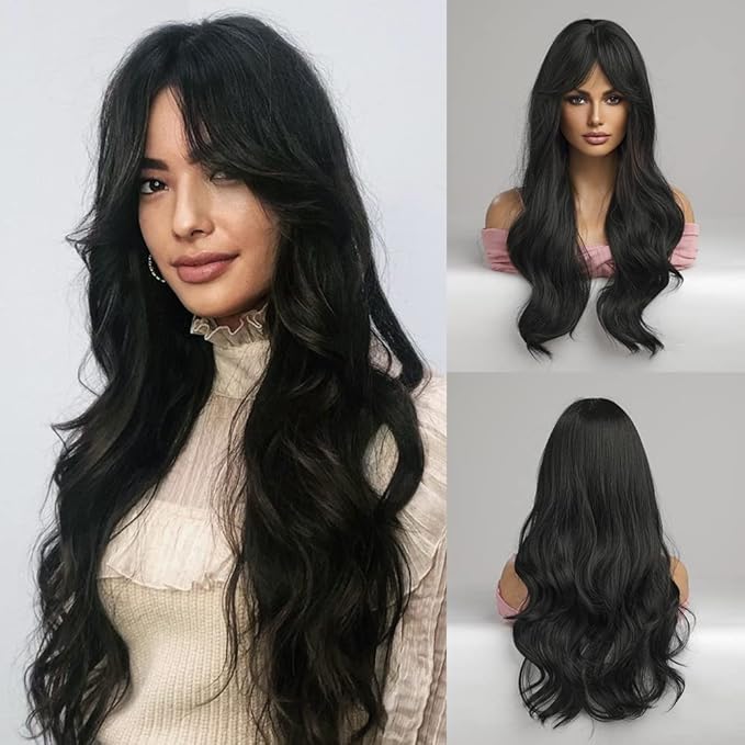 Amazon.com : Haoland Black Wig for Women 26 Inch Long Wavy Synthetic ...