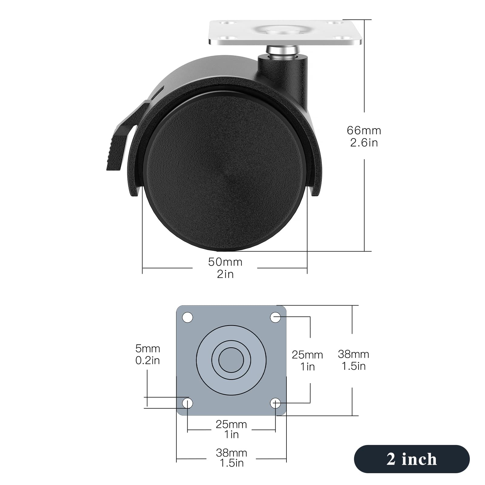 Snapklik.com : 2 Inch Casters Set Of 4, Plastic Caster Wheels For ...