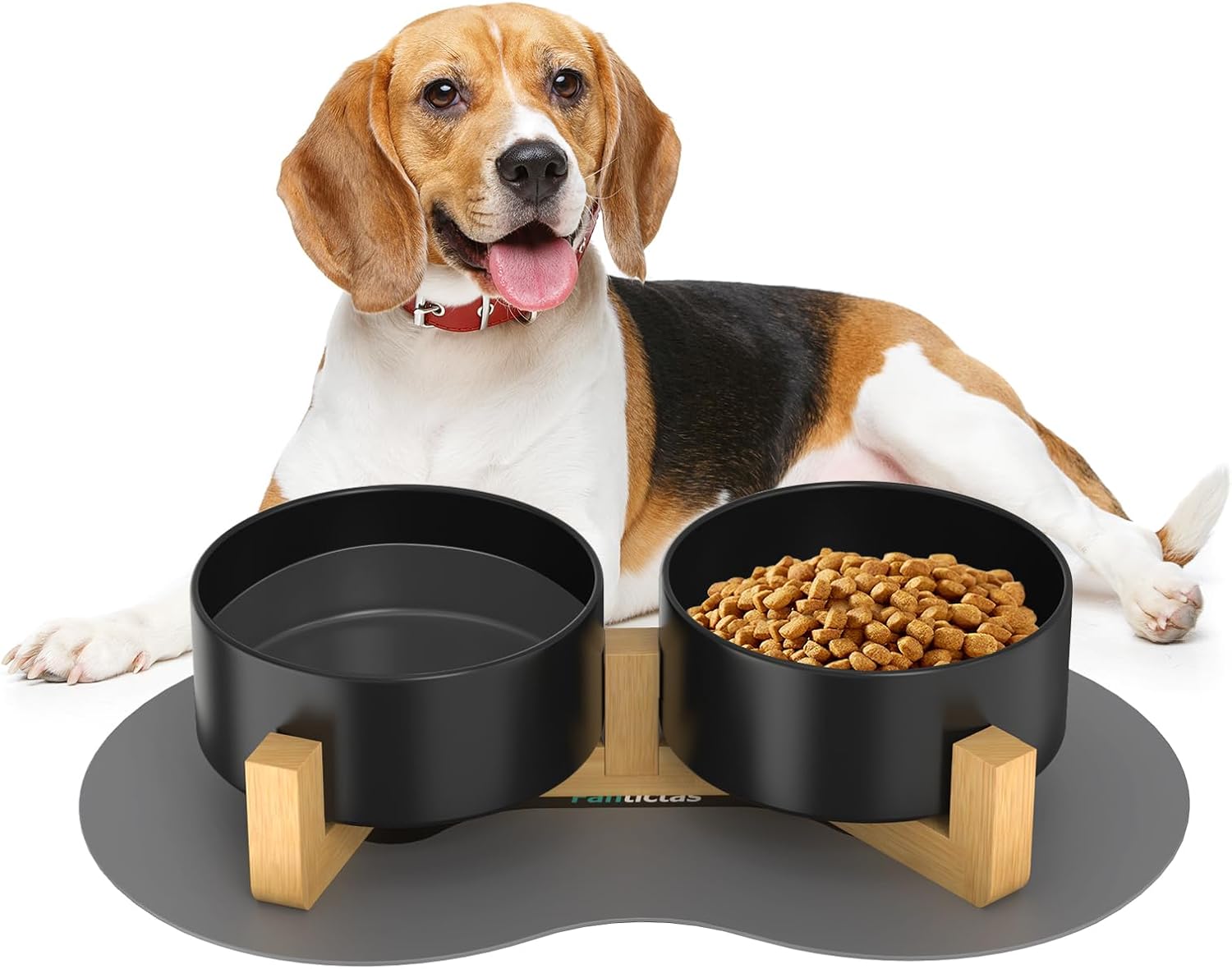 Ceramic Cats and Dogs Bowl with Wood Stand and Pad, No Spill Pet Food ...