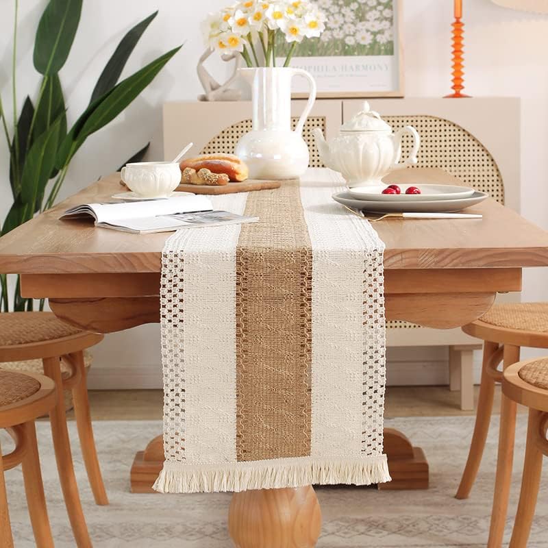 Cotton Linen Table Runner with Tassel - 72 x 12 Inch Boho Decor Table ...