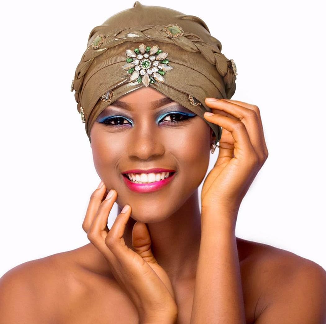 Woeoe Women African Turban Gold Braid Rhinestone Head Wrap Pre-Tied ...