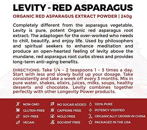Longevity Power Levity, 100 % orgánico raíz de espárragos rojos en polvo, concentración 101 ...