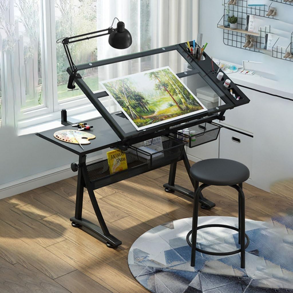 Height Adjustable Drafting Desk with Lamp And Stool Artist Drawing ...