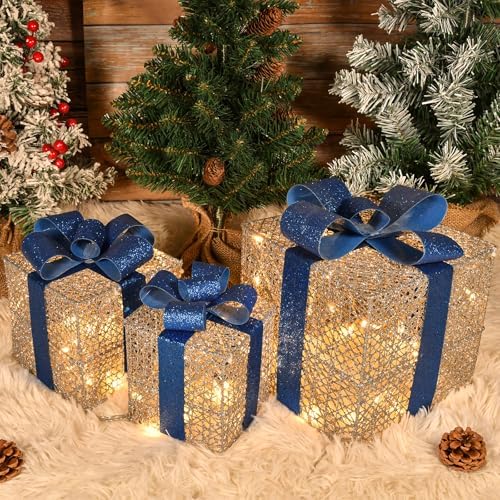Amazon.com: Set of 3 Christmas Lighted Stacked Gift Boxes, Pre-lit 100 ...