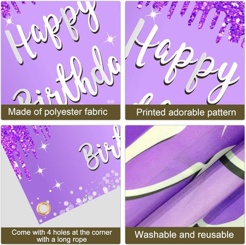 Cartel de feliz cumpleaños morado y plateado para decoraciones de ...