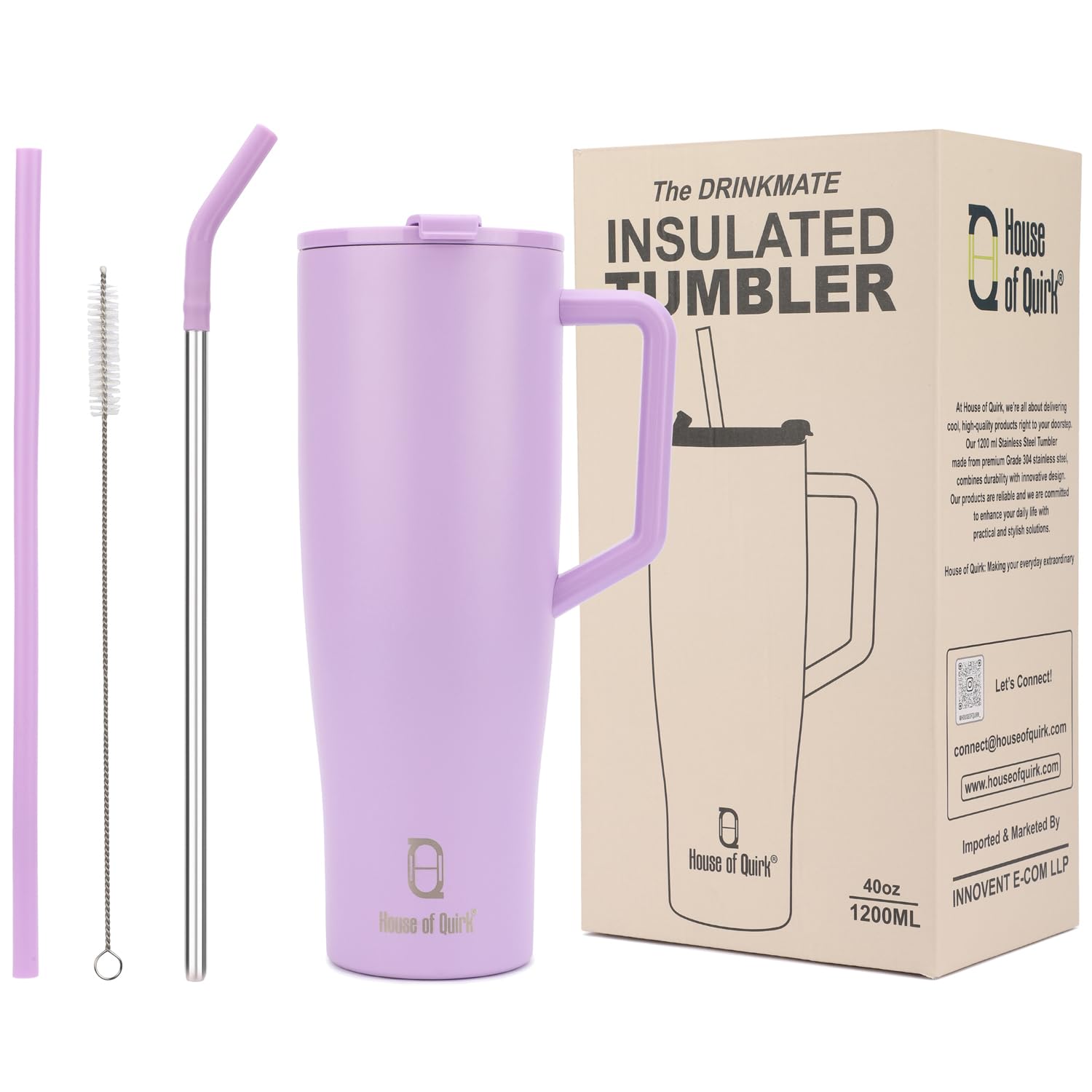 Buy House of Quirk 1200ML Tumbler with Handle and 2 Straw Flip Lid, Stainless Steel Large Water ...