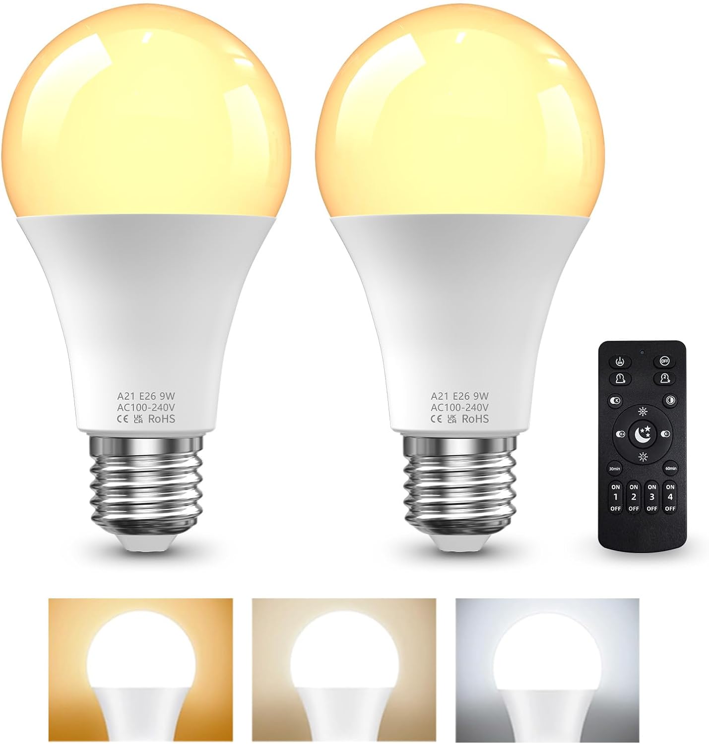 E26 LED Light Bulbs with Remote Control, 9W LED Bulbs 60W Equivalent, 3000K-6000K Stepless ...