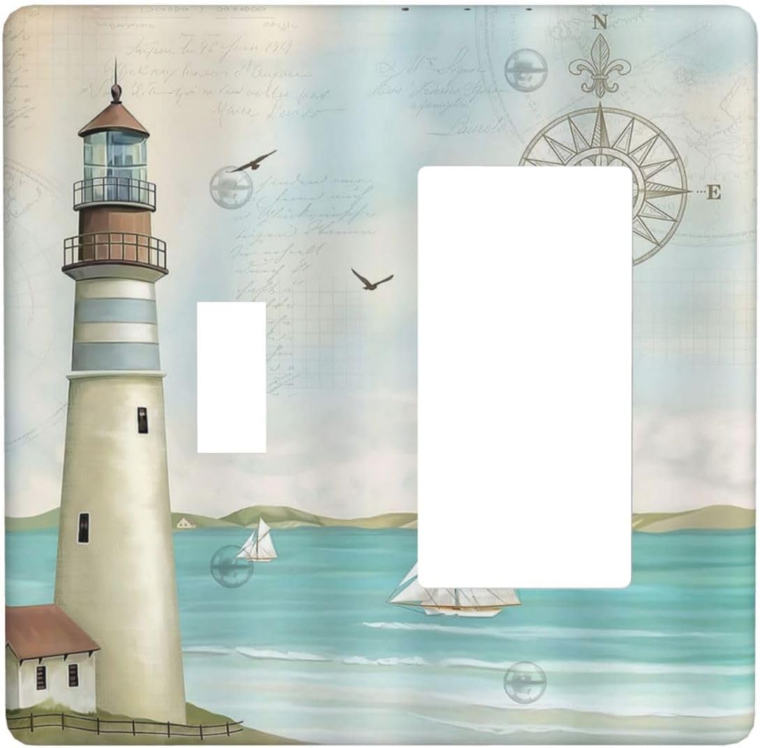 Nautical Lighthouse Ocean Coastal Compass 2 Gang Single Toggle Rocker ...