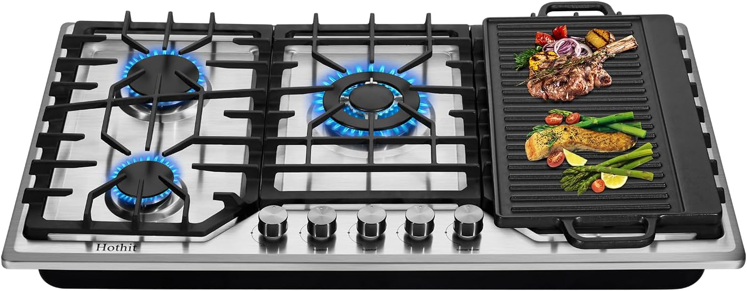 Amazon.com: Hothit 5 Burners 36 inch Gas Cooktop, Stainless Steel Gas ...
