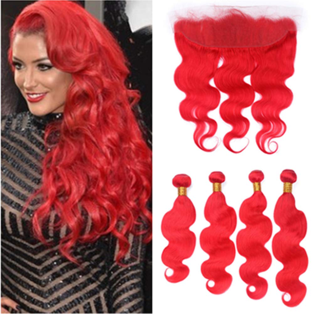 Amazon.com : Bright Red Brazilian Human Hair Body Wave 4 Bundles with ...
