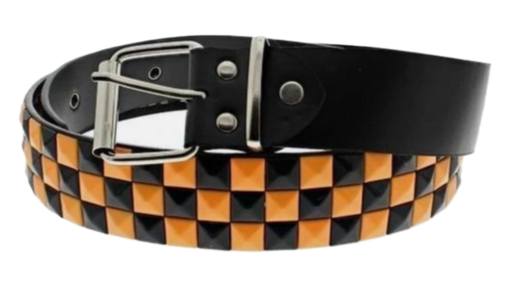 Unisex 3 Row Pyramid Studded Belt Bicolour Black and Neon Orange Check ...