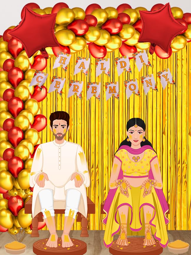 Haldi Ceremony Decorations, Red and Yellow Balloons, Couple Figurines ...