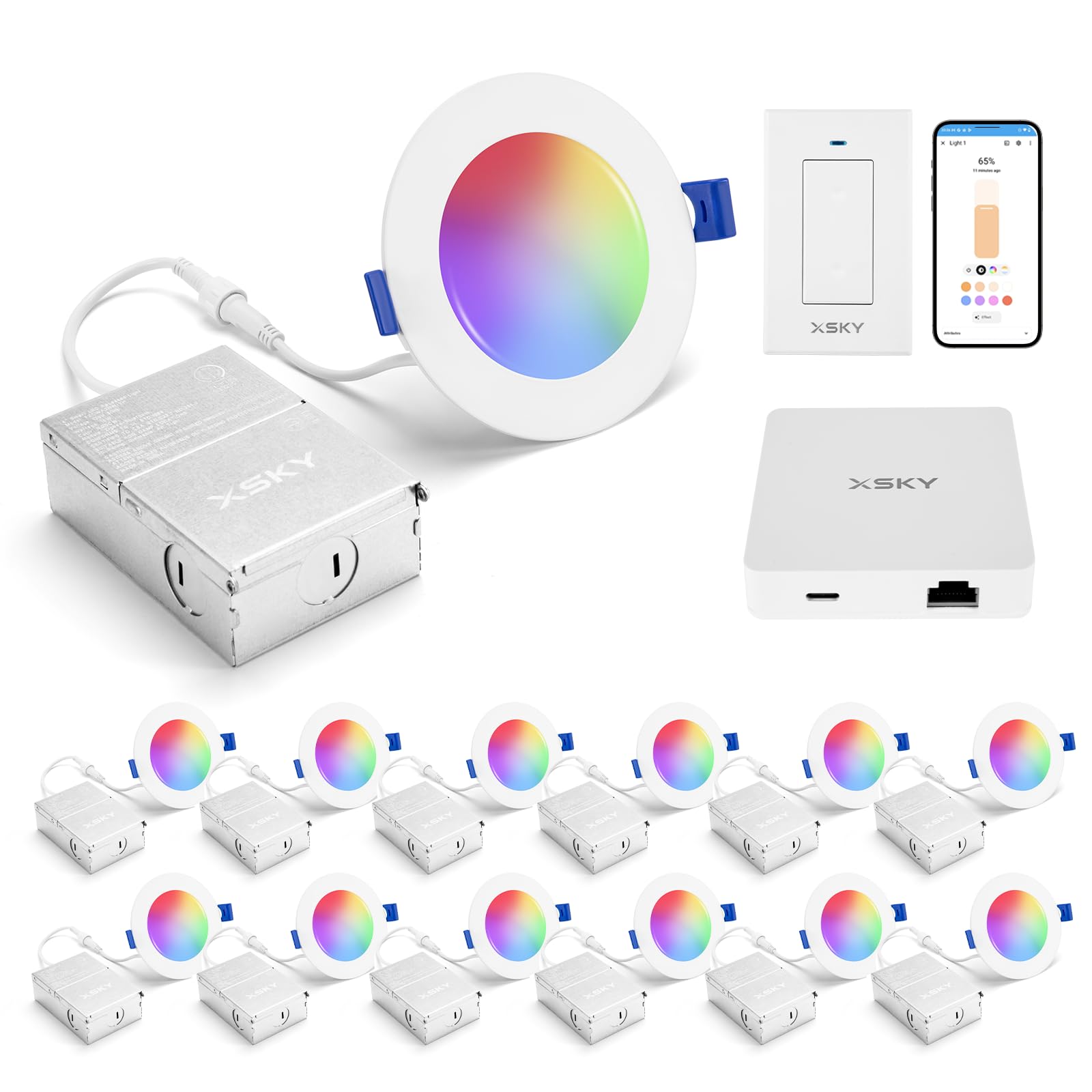 Xsky Smart Recessed Lighting 4 inch 12 Pack Color Changing Zigbee 3.0 ...