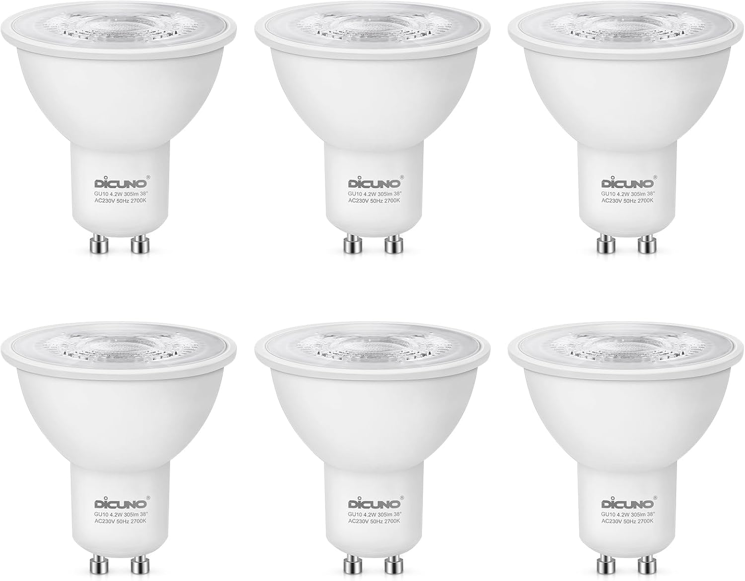 DiCUNO Dimmable GU10 LED Bulbs, Warm White 2700K, 4.2W 305LM, 40W ...