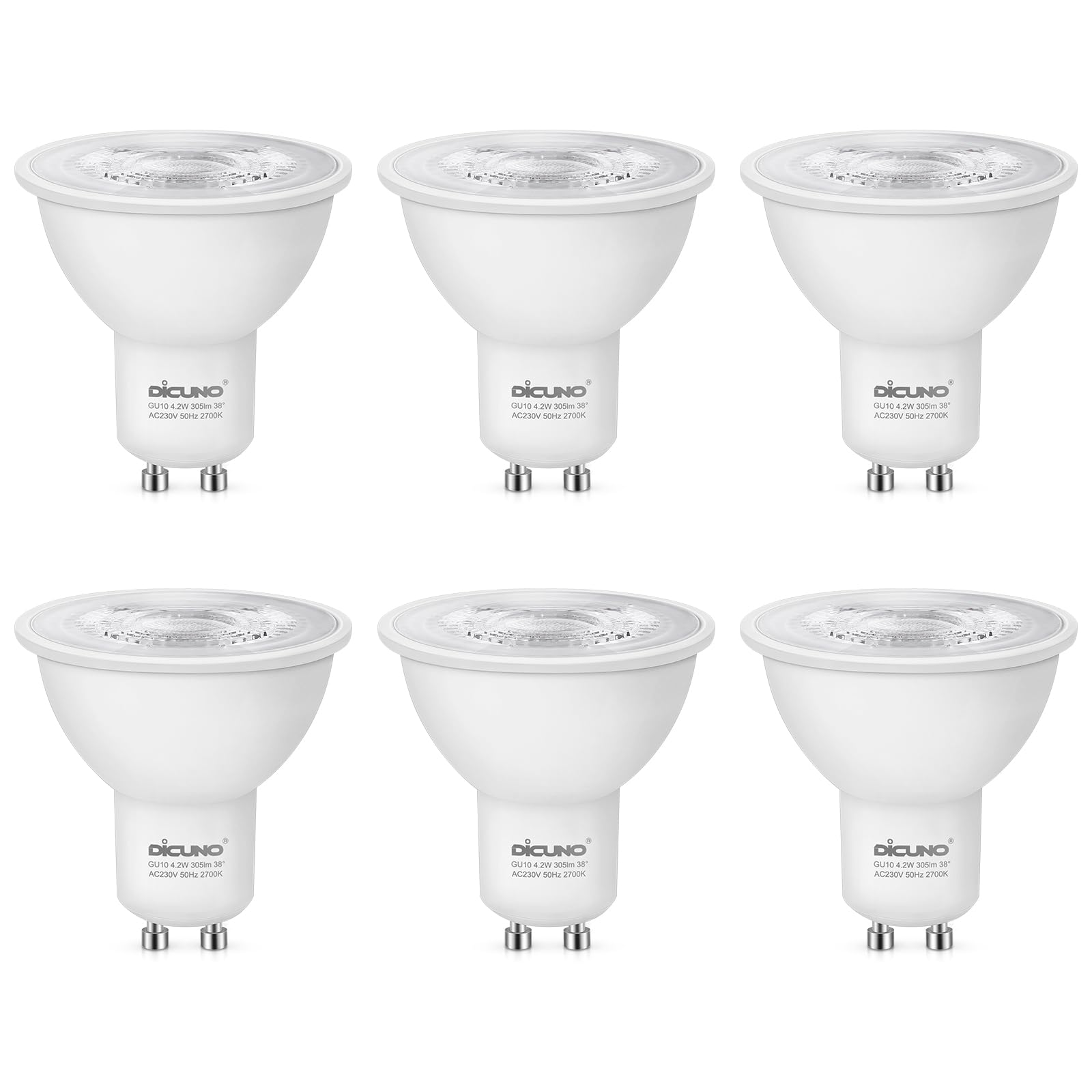 DiCUNO GU10 LED Bulbs Dimmable, Warm White 2700K, 4.2W 305LM, 40W ...