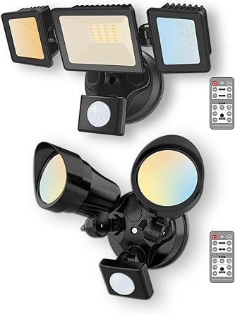 ALUSSO Flood Lights Outdoor Motion Sensor with Remote 36W 3000LM 3 Heads, 24W 2000LM 2 Heads ...