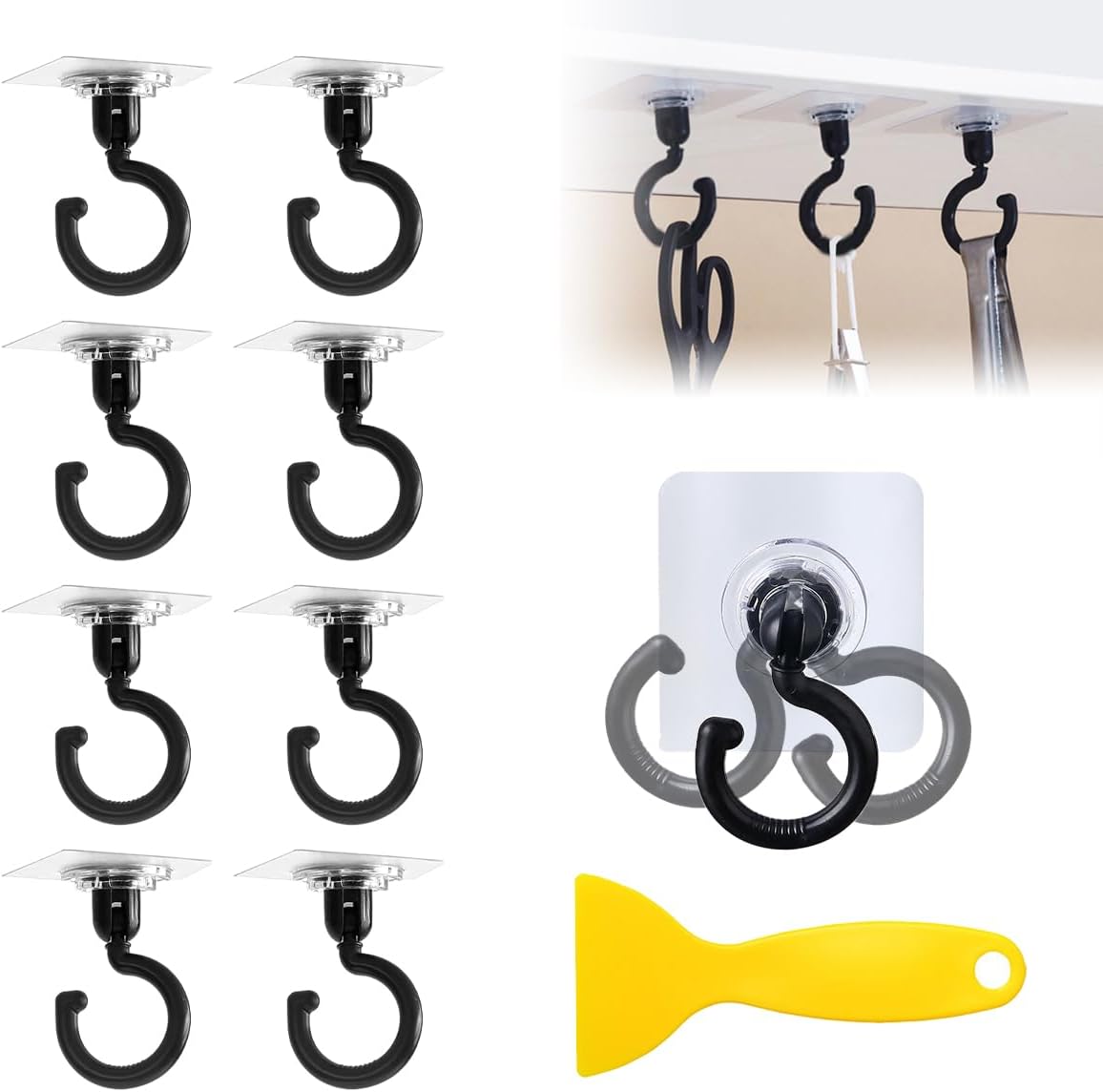 Pack of 8 Adhesive Hooks Ceiling Extra Strong, Hooks Self-Adhesive 360 ...