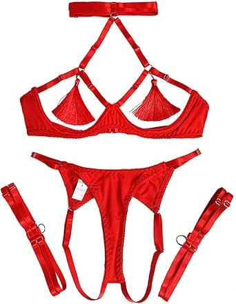 Amazon.com: Kaei&Shi Sexy Bra And Panty Sets,Peekaboo Choker Cutout Tassel Underwire Strappy ...
