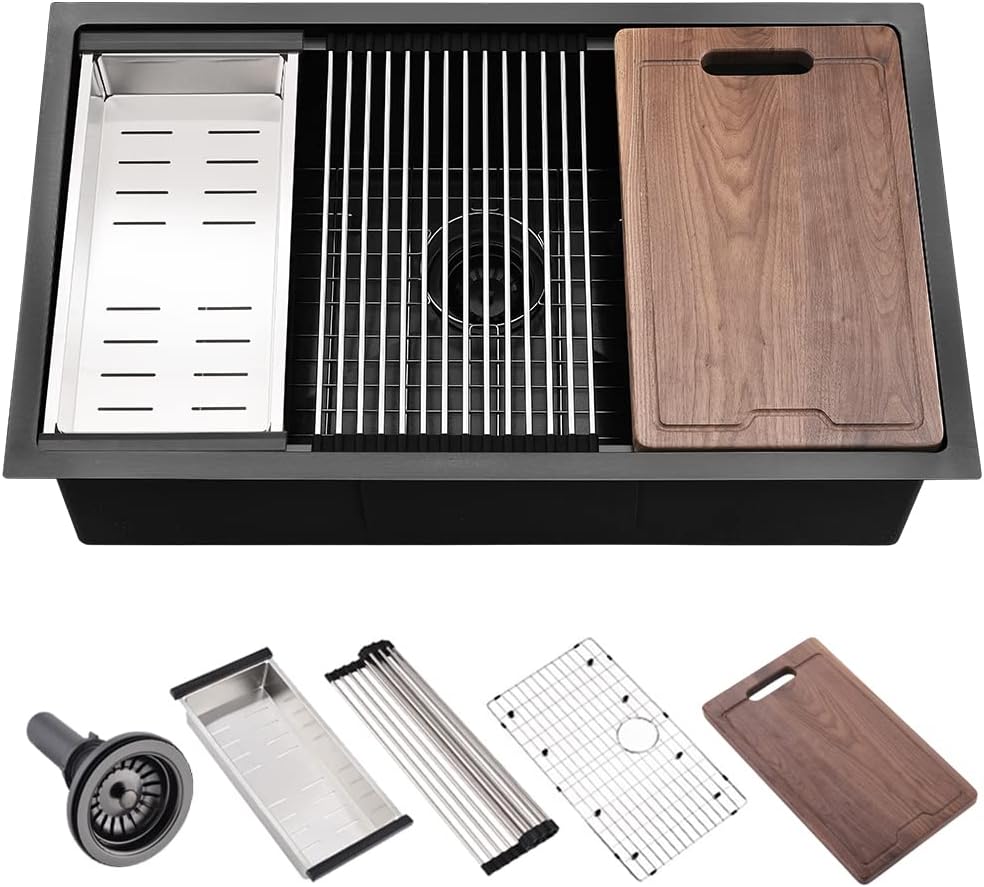 18 Black Bar Sink Drop In Workstation Kitchen Sink, FRANIC 18" x 18" x ...