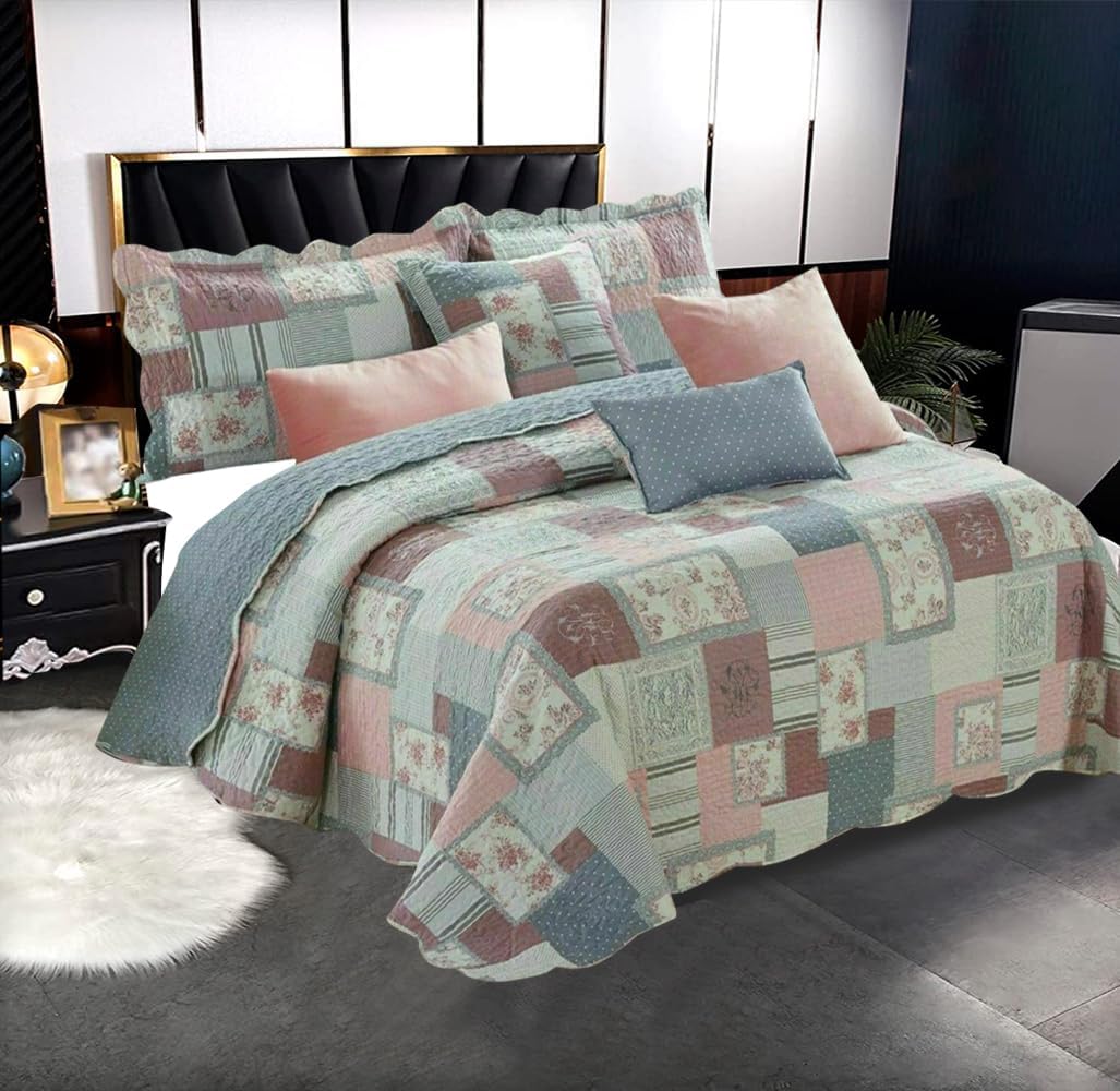 3 PCS Patchwork Bedspread Quilted Bed Throw Single Double King Size ...