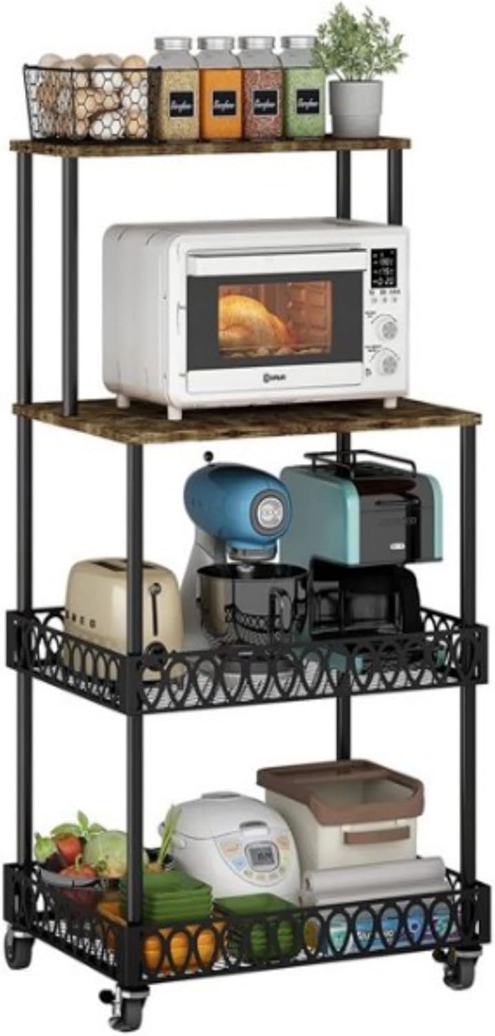 Amazon.com - 4-Tier Kitchen Bakers Rack on Wheels - Rolling Microwave ...