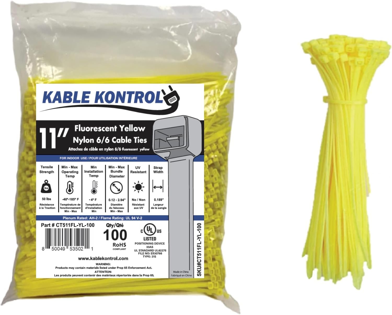 Amazon.com: Kable Kontrol Fluorescent Yellow Zip Ties 11 Inch 100 Pcs ...