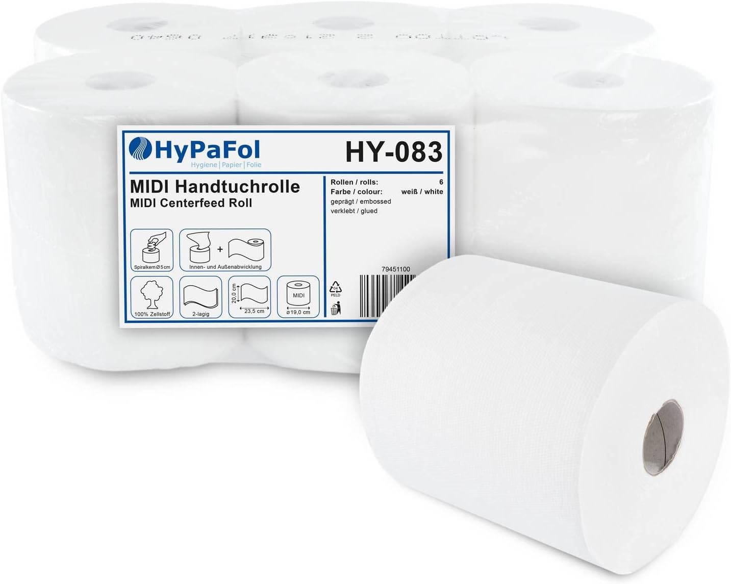 Hypafol Handtuchrolle aus Zellstoff | 2-lagig, 6 Rollen, hochweiß,20 x ...