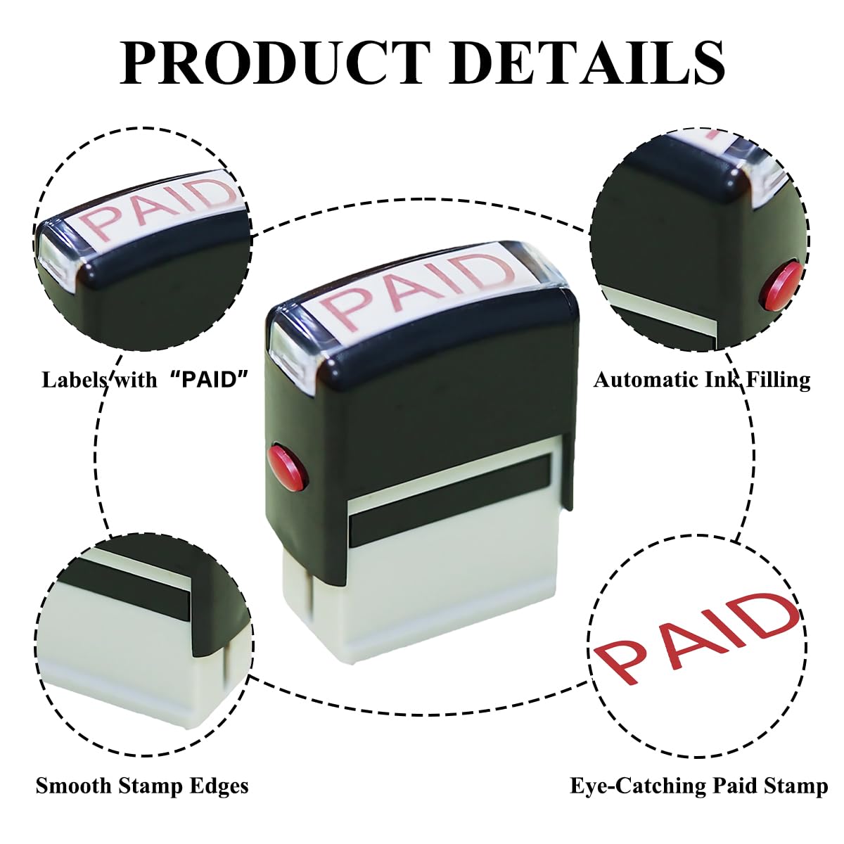 Self Inking Rubber Stamp Paid Stamp Refillable Red Ink Preinstalled ...