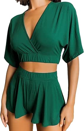 Amazon | [DAUZ] 女性ラウンジセット、クロップドトップカジュアルラウンジウェア弾性裾フリルショーツVネック半袖無地パターン散歩用 | パジャマ・ルームウェアセット 通販