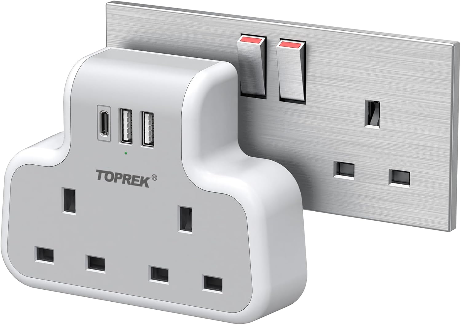 TOPREK Multi Plug Adaptor, Double Plug Adapter UK, 2USB-A & 1USB-C Plug ...