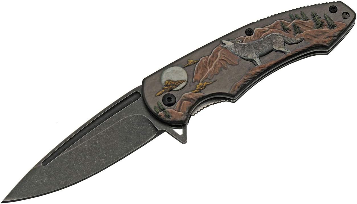 Amazon.com : Wolf Pocket Knife Folding Spring Assist Howling Moon Full ...