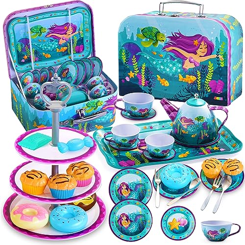 JOYIN 35Pcs Mermaid Tea Party Set for Little Girls, Pretend Tin Teapot ...
