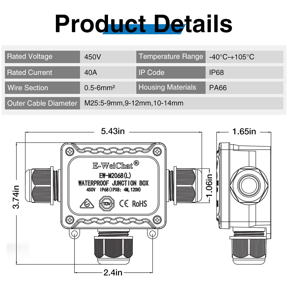 Snapklik.com : Junction Box Outdoor Waterproof Electrical Box,3-Way ...
