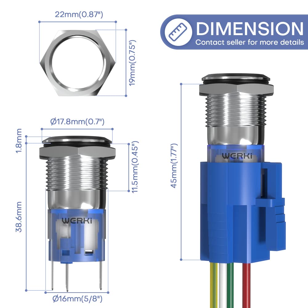 Snapklik.com : WERKI Latching Push Button Switch 16mm 12V DC 1NO1NC ...