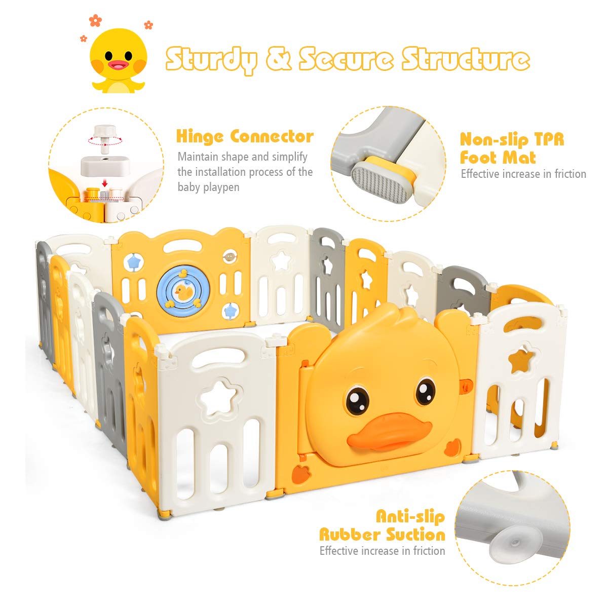 Costzon Baby Playpen, 16-Panel Portable Baby Play Yards with Yellow ...