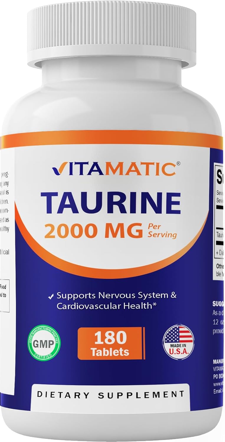Amazon.com: Vitamatic Taurine 2000mg Vegetarian Tablets, 180 Count, Non ...