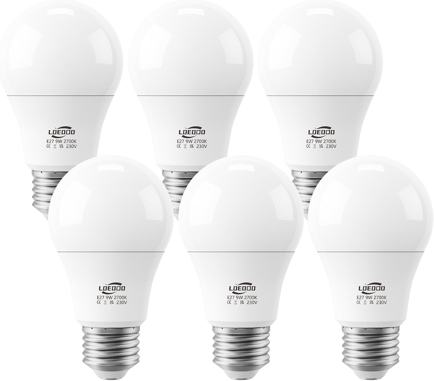 LOEODO E27 LED Screw Bulbs 60W Equivalent, 9W, 806 Lumens, 2700K Warm ...
