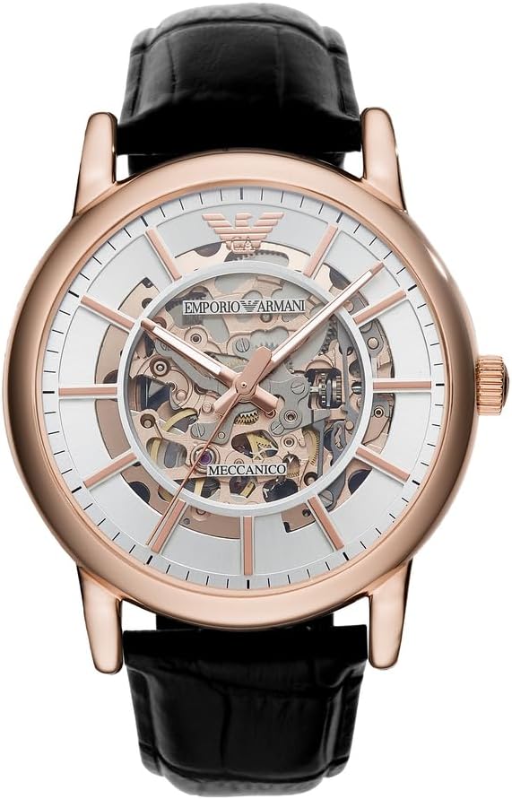 Emporio Armani Rose Gold Men's Silver Dial Leather Analog Watch ...