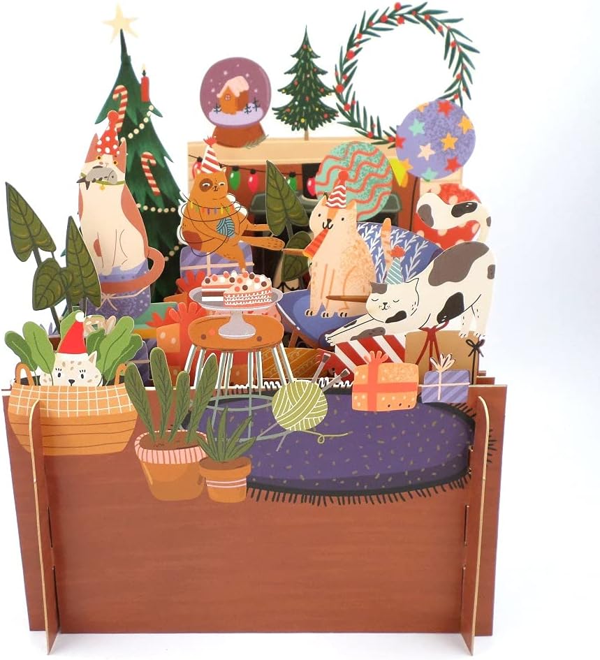 Xmas Cat Party with Presents 3D Pop Up Christmas Greeting Card by ...