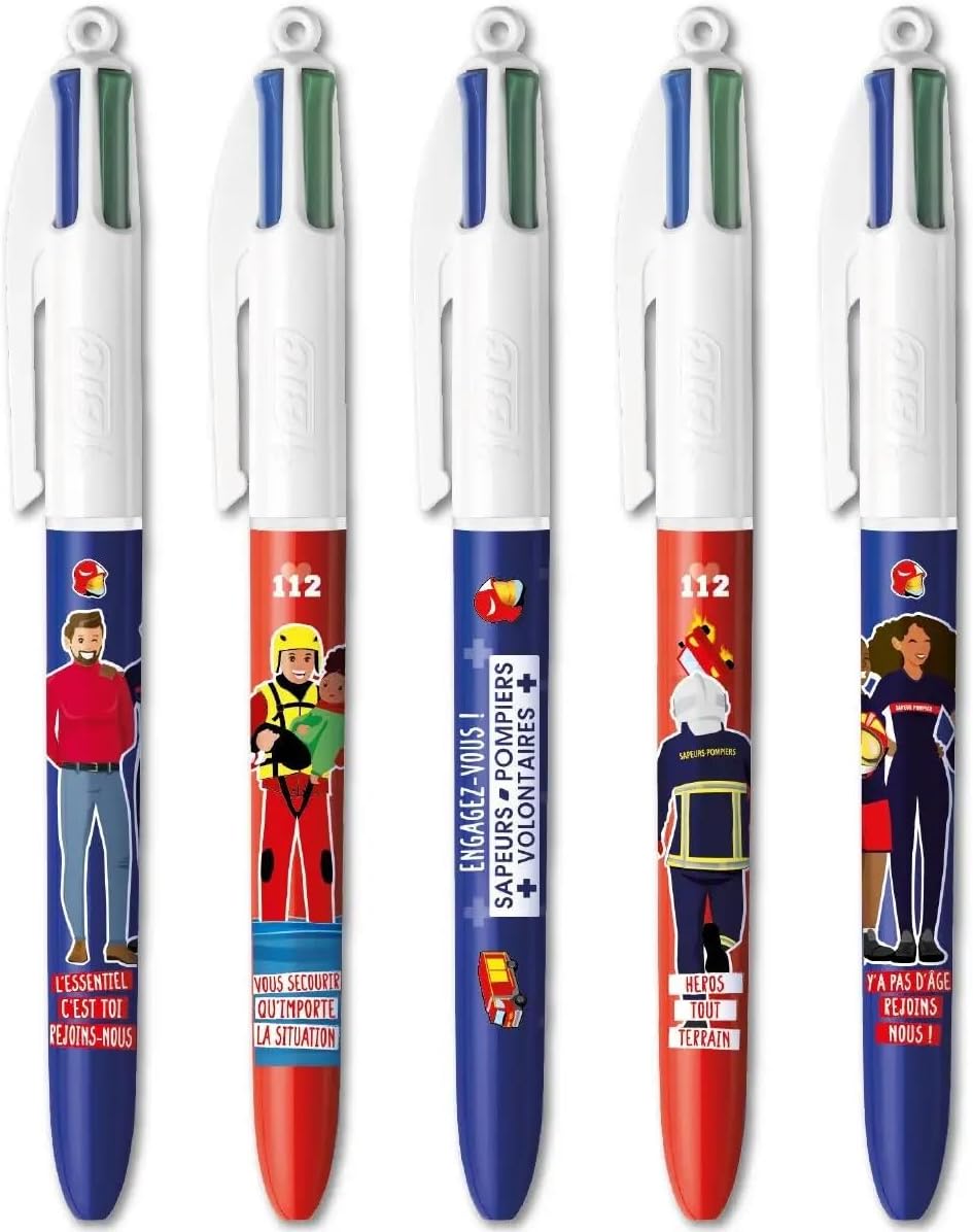 BIC - 1 Stylo 4 Couleurs Classiques - Décors Sapeurs Pompiers - Pointe Moyenne : 1 mm - 5 ...