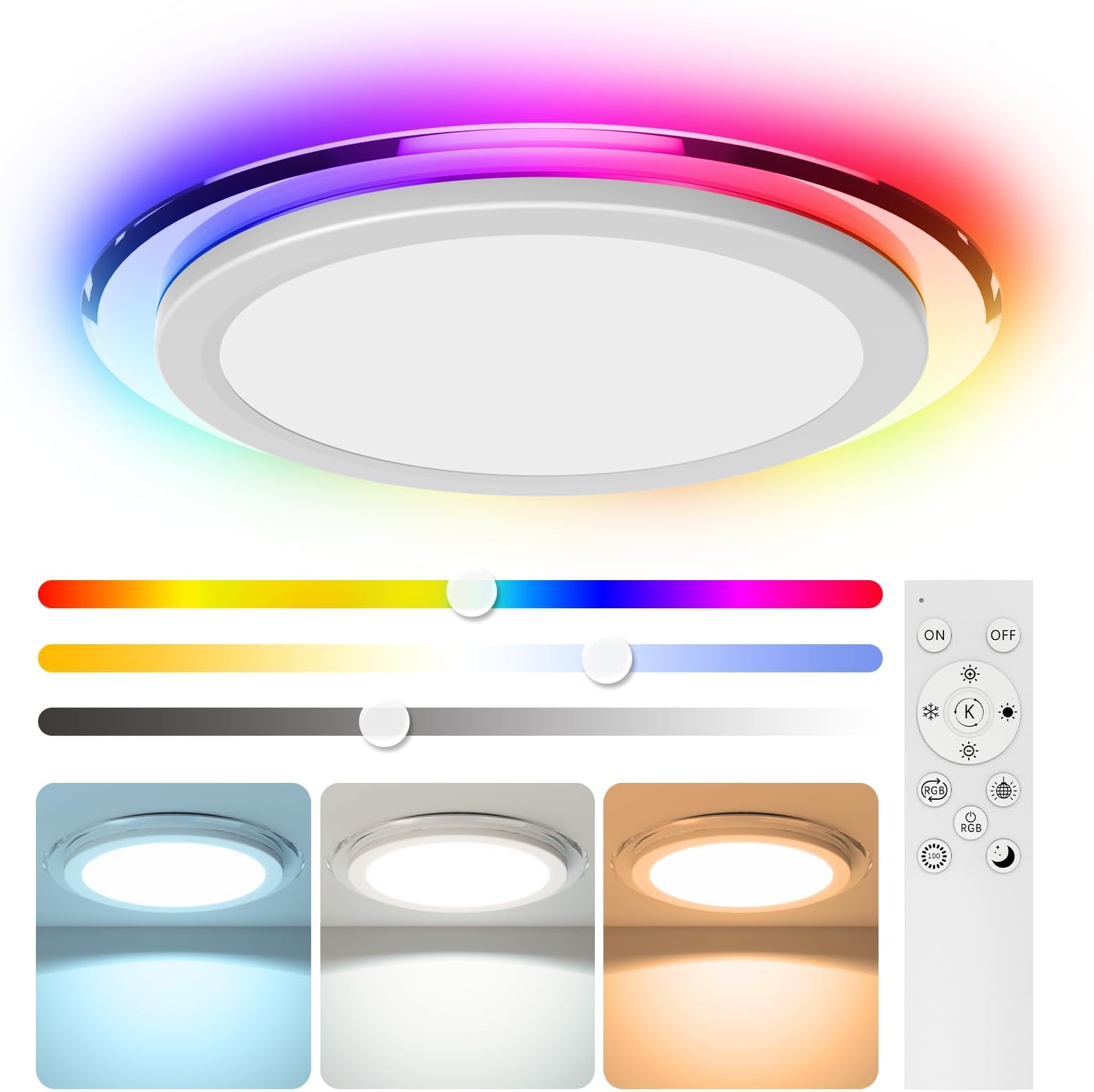 10 Inch RGB LED Flush Mount Smart Ceiling Light,23W Ultra-Slim Ceiling ...