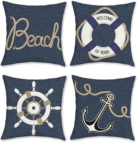 Bonhause Nautical Maritime Cushion Covers 45 x 45 cm Double Sided ...