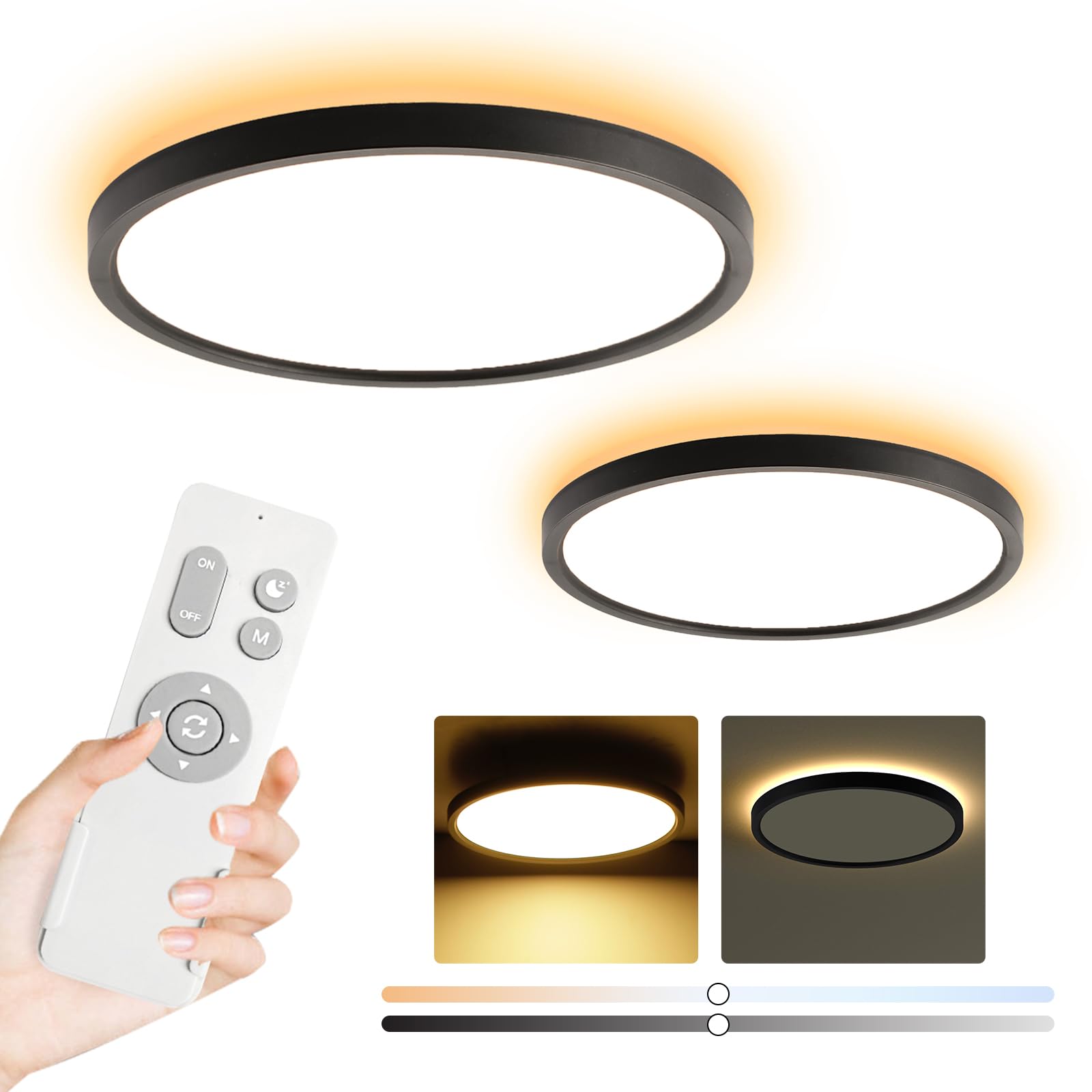 Black Ceiling Light Fixture 2 Pack with Remote Control, with 3000K Warm ...