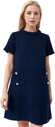 Boom Damn Womens Navy Tweed Jackie Dress Elegant Crew Neck Short Sleeve ...
