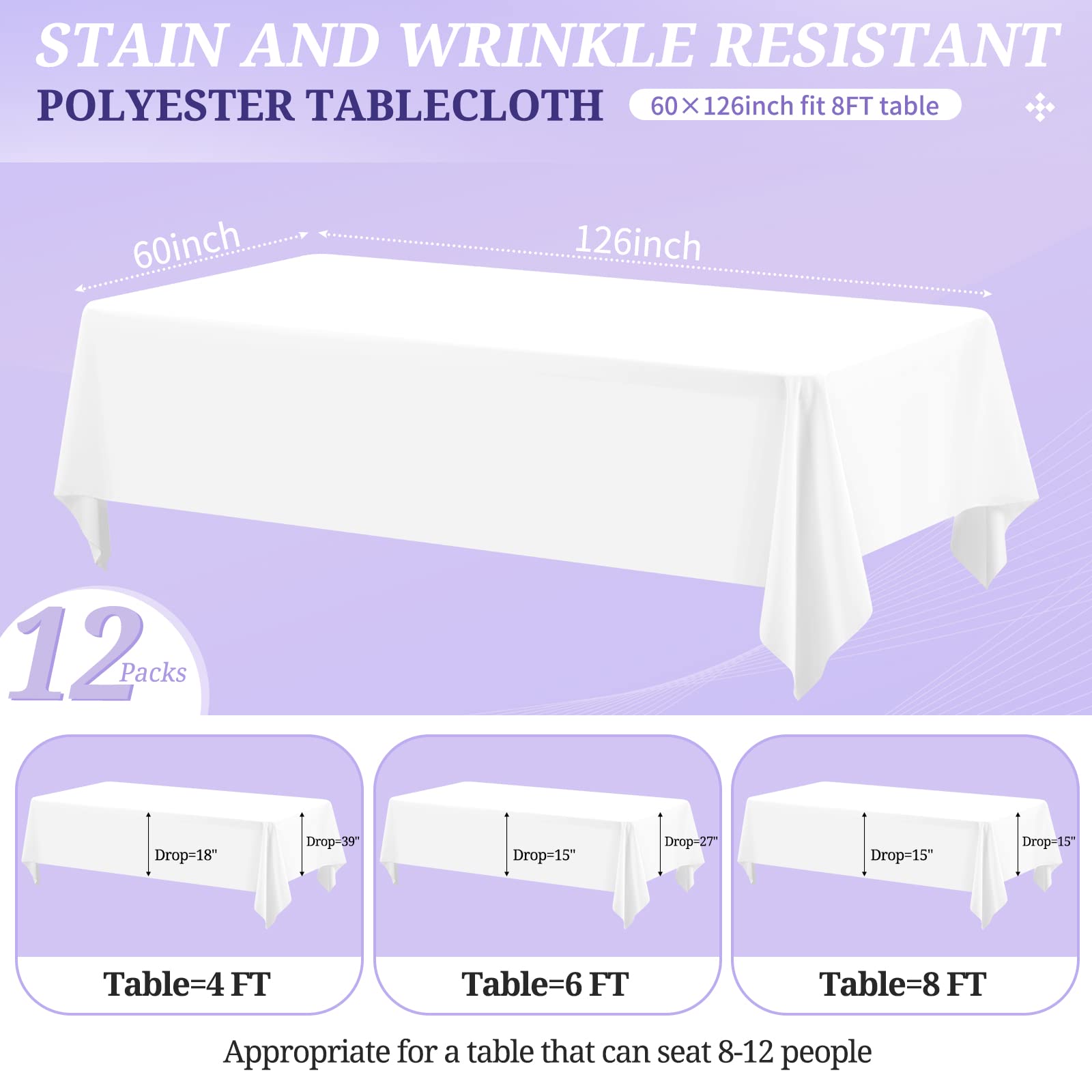 12 Pack White Tablecloths for Rectangle Tables 60 x 126 Inch White ...