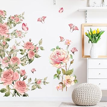 Amazon.com: Pink Floral Wall Decals Stickers Flowers Wall Sticke DIY ...