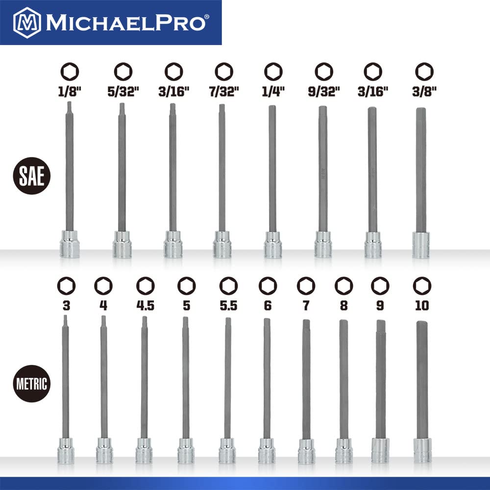 MichaelPro Hex Bit Socket Set, 18-Piece 3/8 Inch Drive Extra Long Hex ...