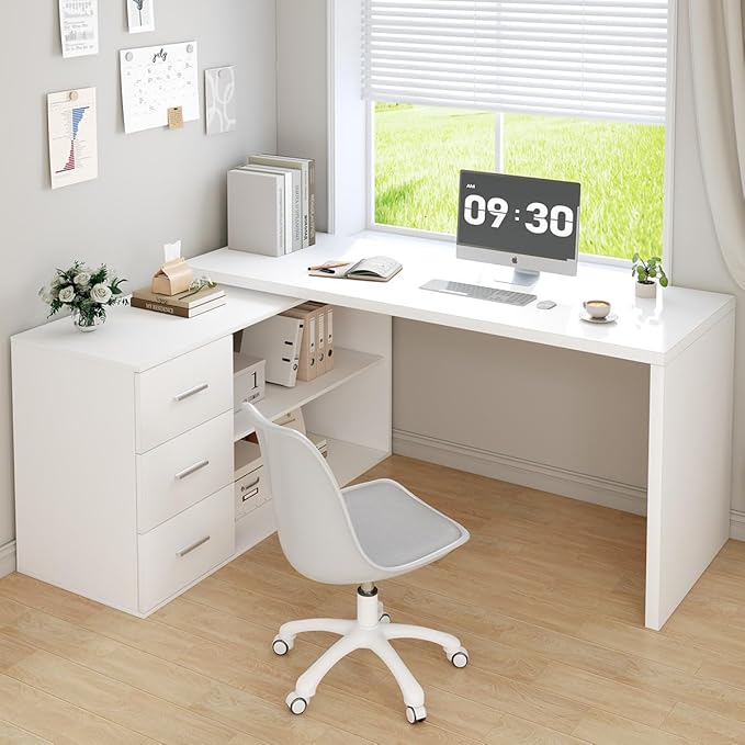 HSH White L Shaped Computer Desk with 3 Drawers, Reversible Home Office ...