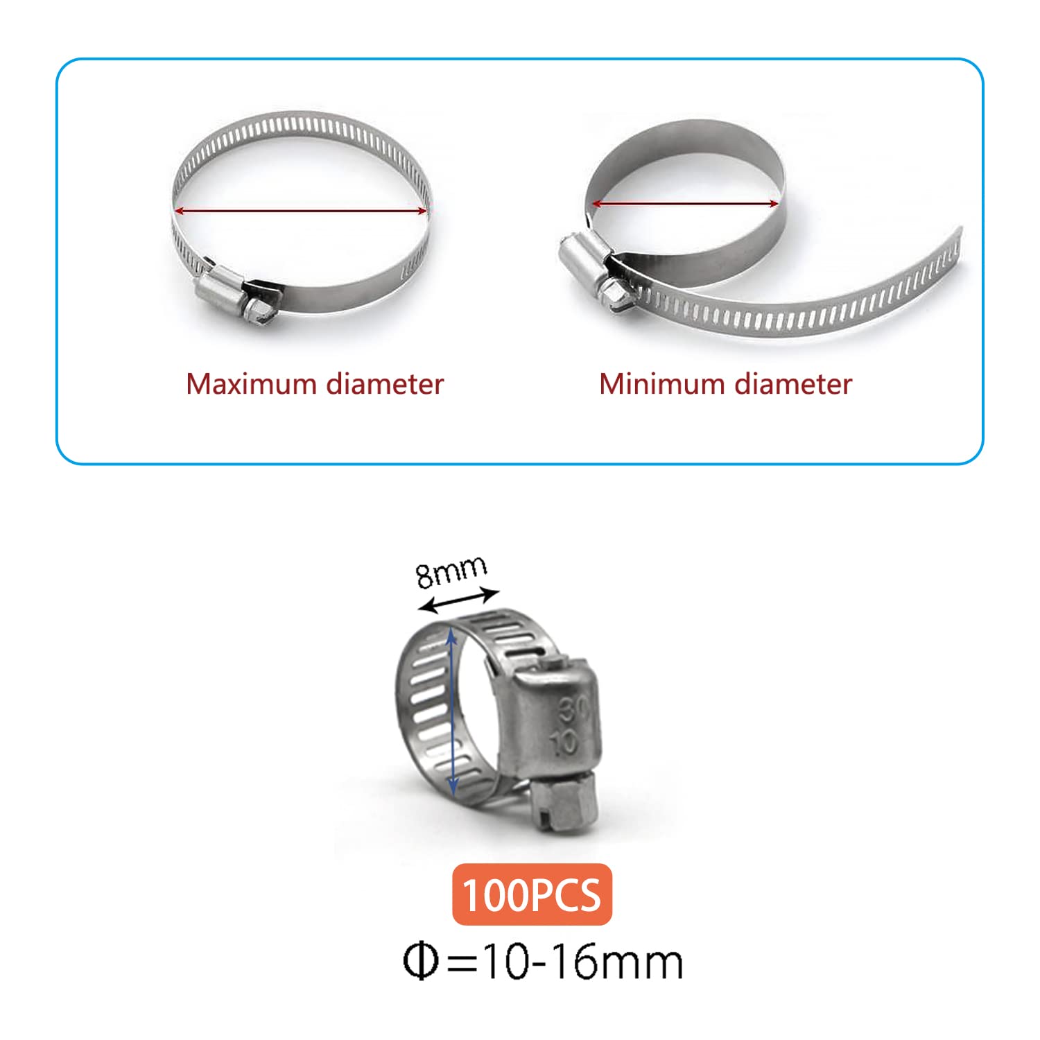 ZIPCCI Hose Clamp, 100 Pack Stainless Steel Hose Clamps Worm Gear Fuel ...