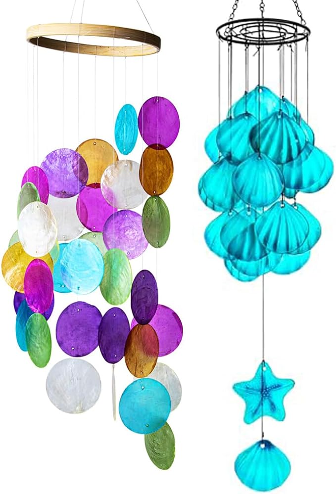 Amazon.com : Rainbow Capiz Seashell Wind Chimes and Stained Glass Shell ...
